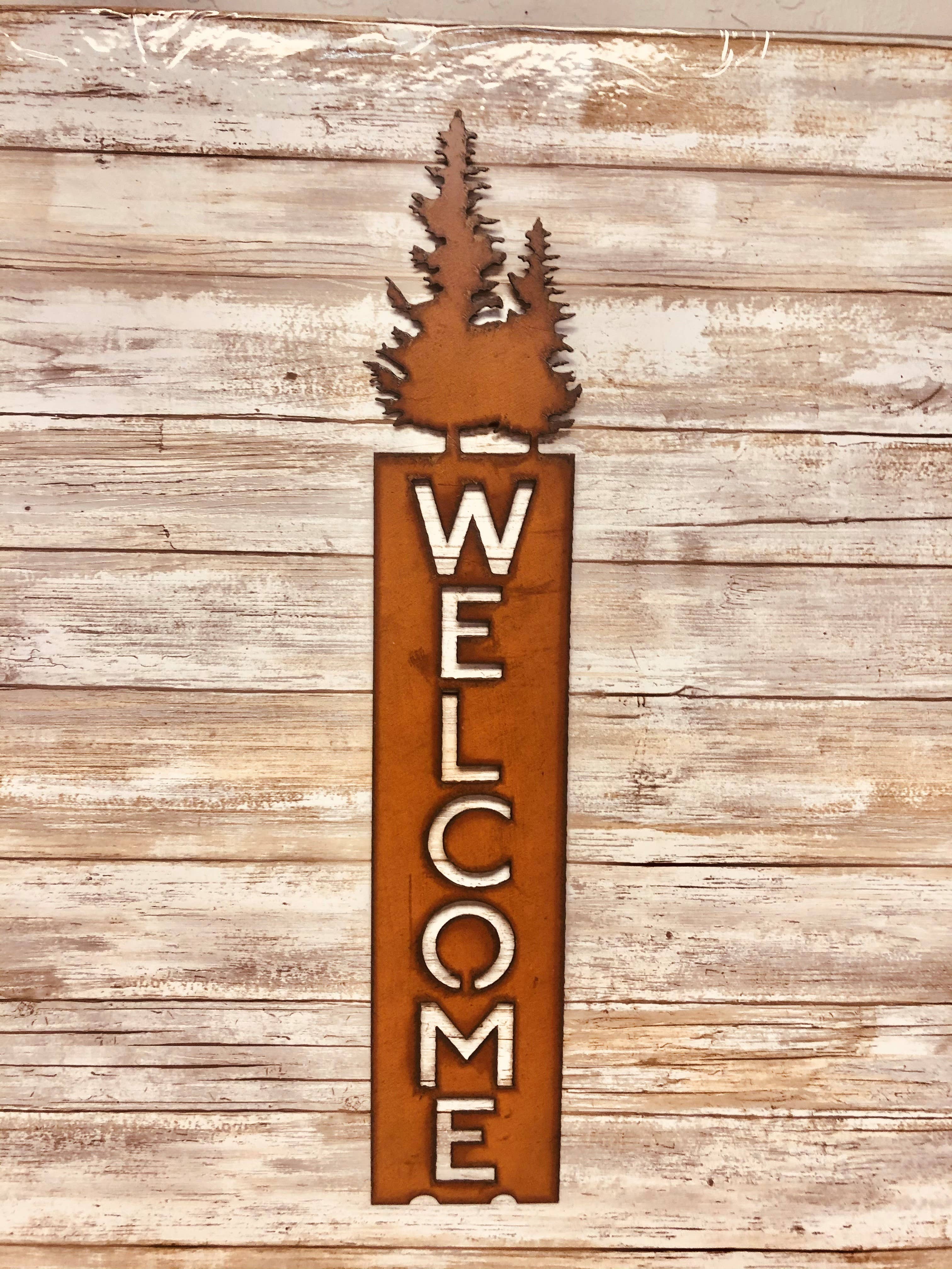 Double Pine Trees Lodge Vertical Welcome Sign – Universal Ironworks USA