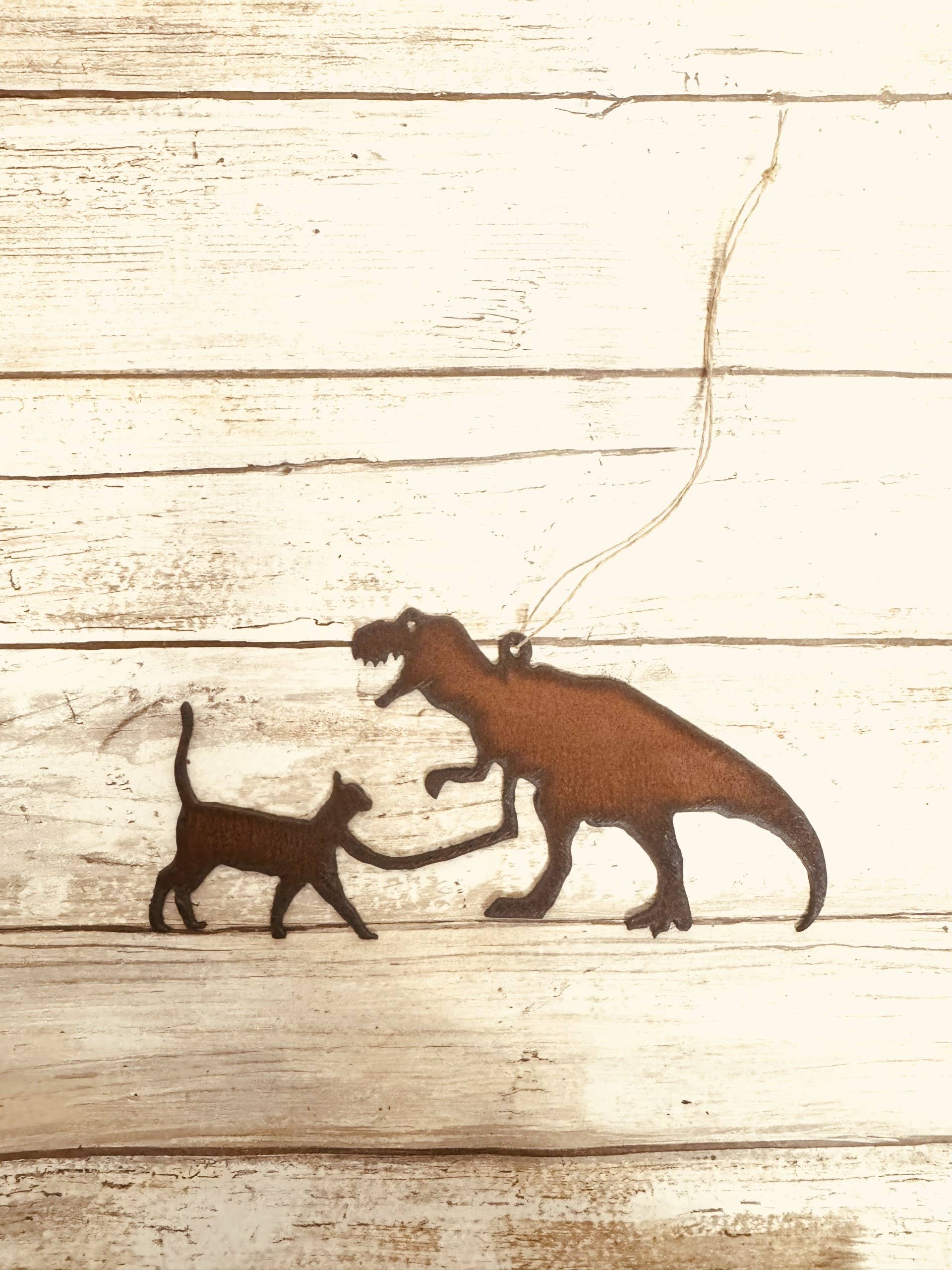 Tyrannosaurus Dinosaur with Kitty Cat Rustic Metal Ornament – Universal ...