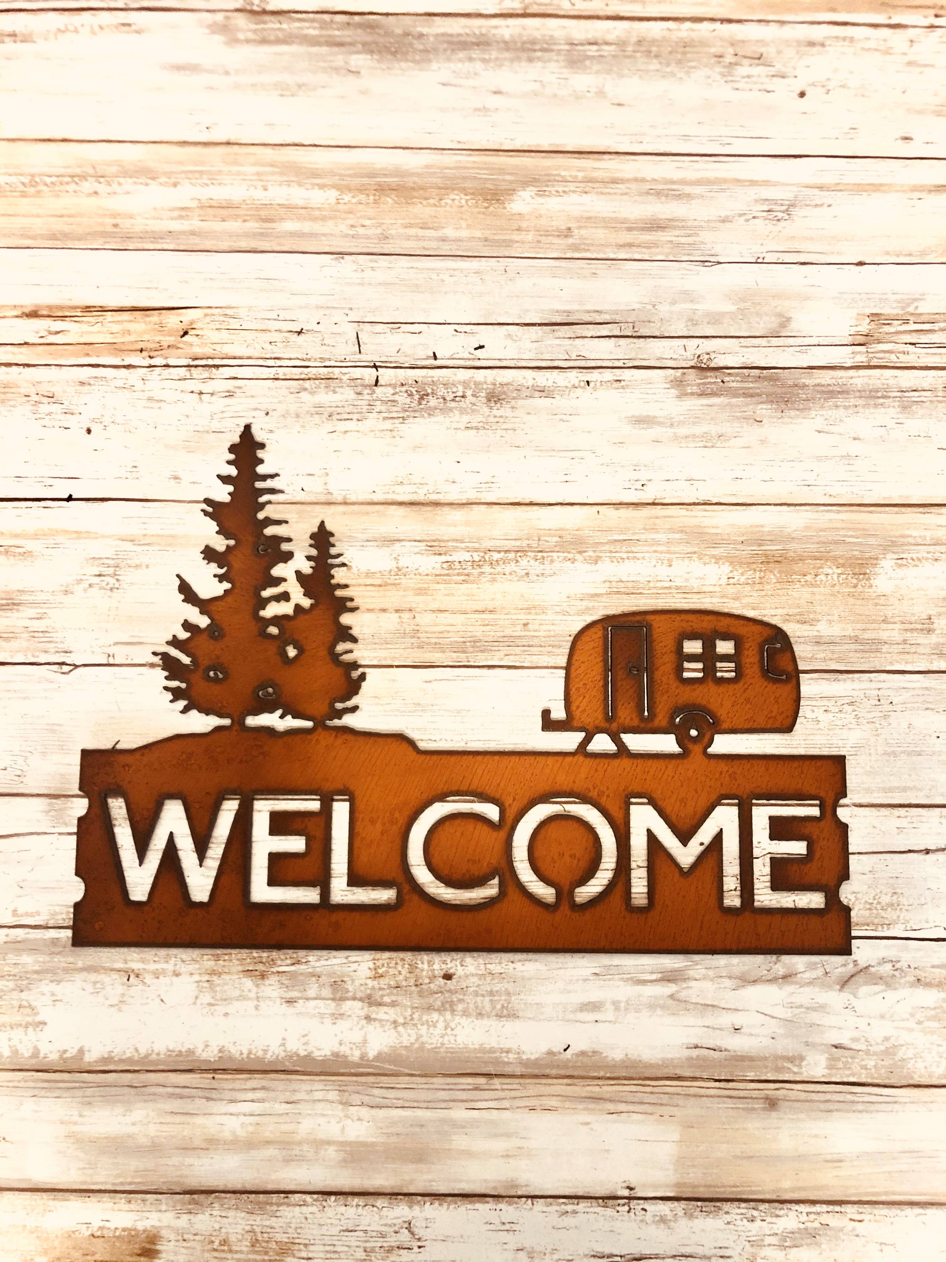 Camper Trailer and Double Pine Trees Horizontal Welcome Sign ...